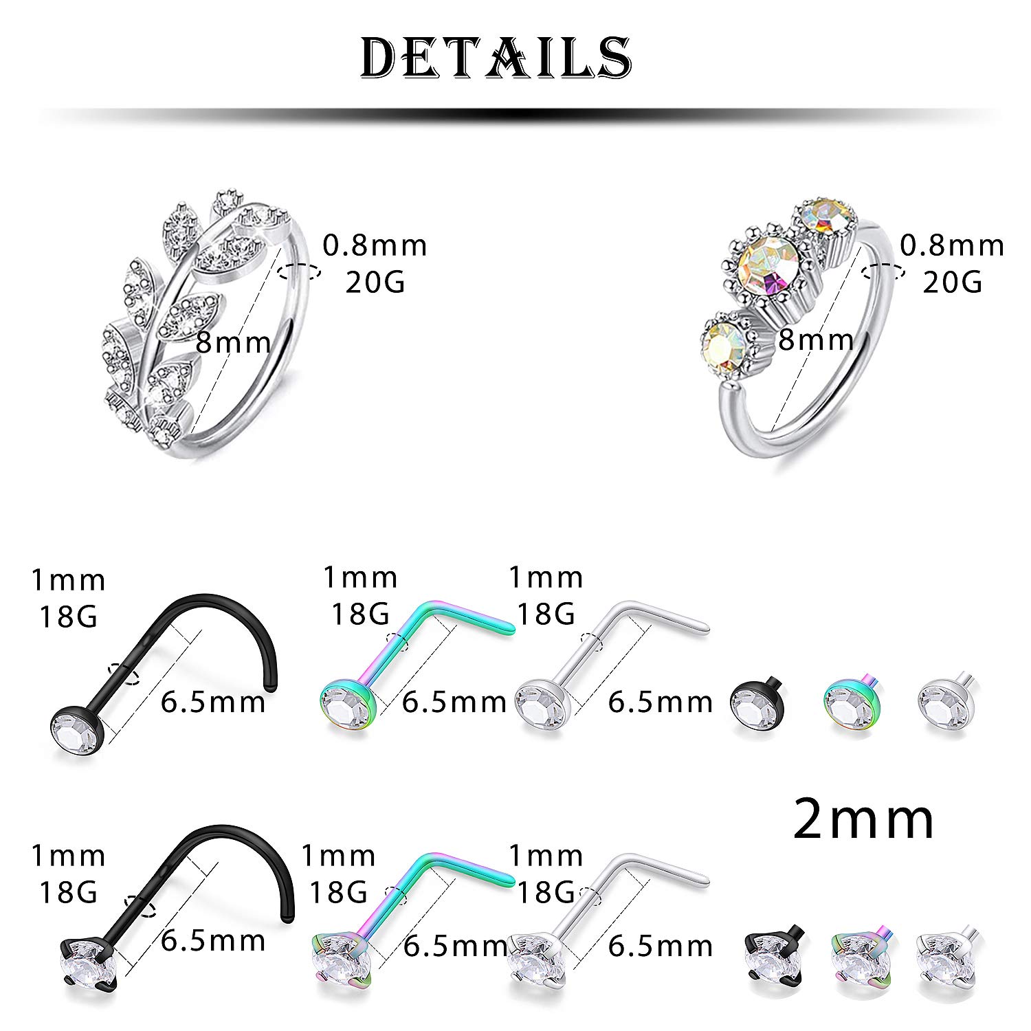 Kridzisw 18g Nose Rings Studs Hoops Piercing Jewelry 316L Stainless Surgical Steel L Shaped Screw Spiral Twist Hypoallergenic Heart Cute Nostril Ring Hoop for women Men Diamond 2mm 8mm