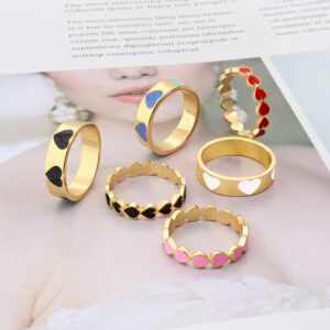 YOOESTORES82 2PCS Colorful Heart Ring Gold Band Rings Set for Women Couple Cute Love Heart Plain Stackable Finger Rings Wedding Preppy Jewelry Gift