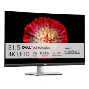 Dell S3221QS 32 Inch Curved 4K UHD (3840 x 2160), VA Ultra-Thin Bezel Monitor, 60Hz, 4MS Response Time, 90% DCI-P3, 99% sRGB, AMD FreeSync, HDMI, DisplayPort, Built in Speakers, VESA Certified, Silver