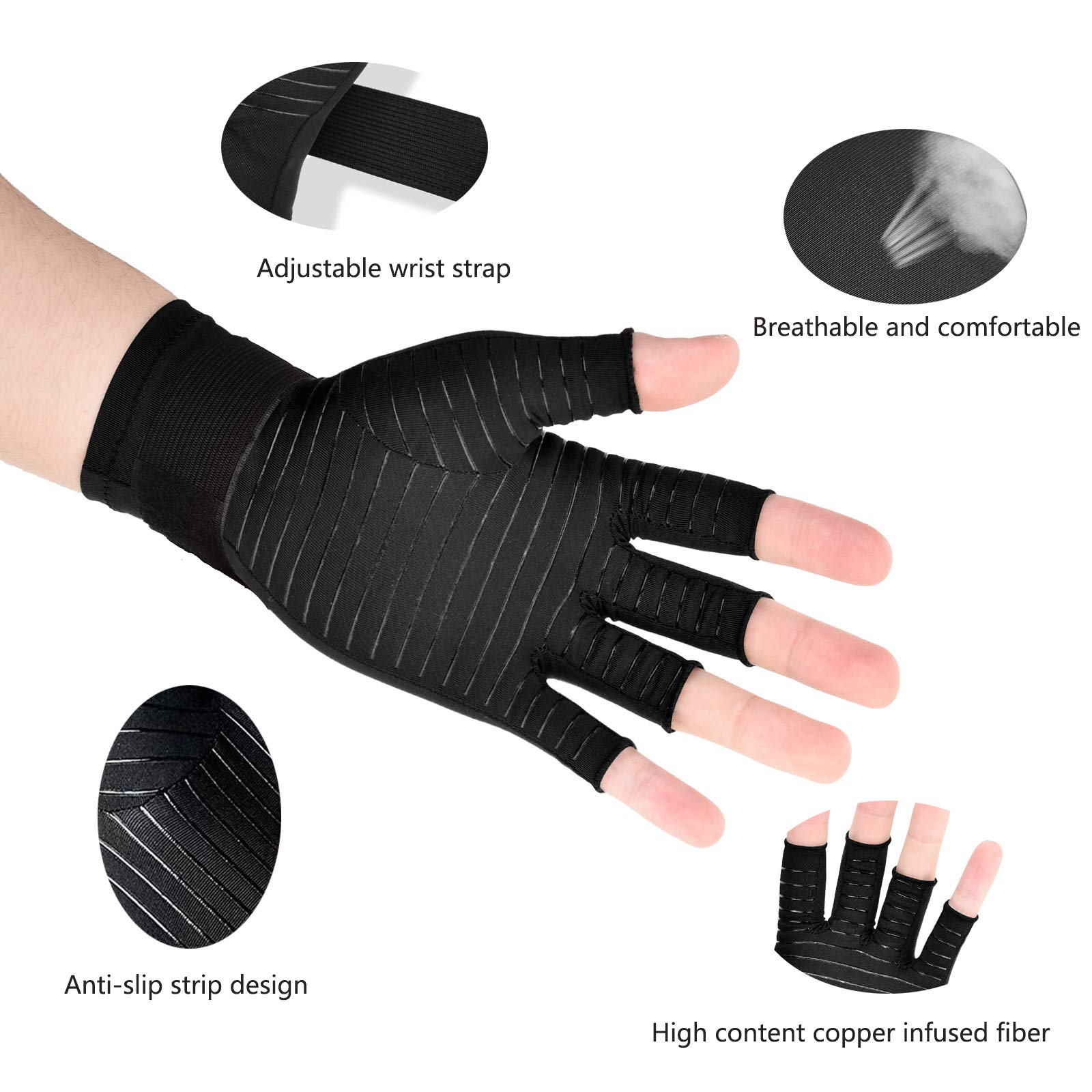 Copper Wrist Compression Arthritis Gloves (1 Pair), Wrist Support Brace Fingerless Glove with Adjustable Strap for Hand Pain Relief, Carpal Tunnel, Rheumatoid, Tendonitis, Swelling, Fits Women & Men