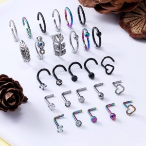 Kridzisw 18g Nose Rings Studs Hoops Piercing Jewelry 316L Stainless Surgical Steel L Shaped Screw Spiral Twist Hypoallergenic Heart Cute Nostril Ring Hoop for women Men Diamond 2mm 8mm