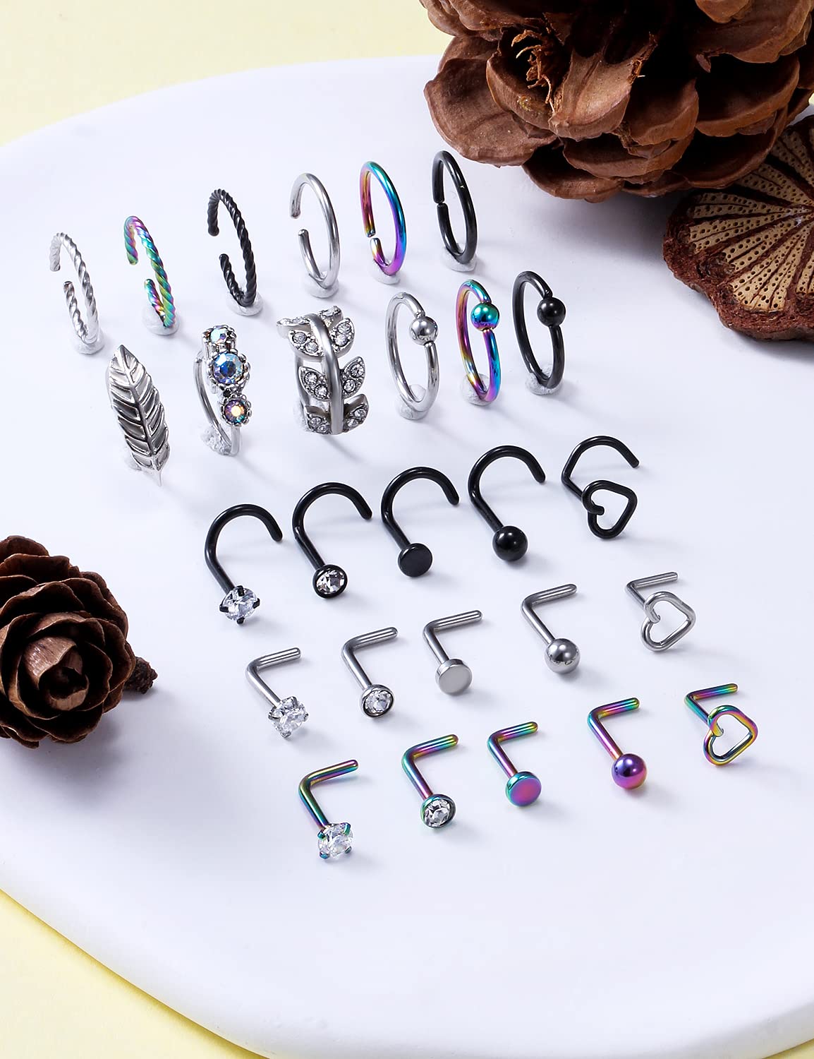 Kridzisw 18g Nose Rings Studs Hoops Piercing Jewelry 316L Stainless Surgical Steel L Shaped Screw Spiral Twist Hypoallergenic Heart Cute Nostril Ring Hoop for women Men Diamond 2mm 8mm