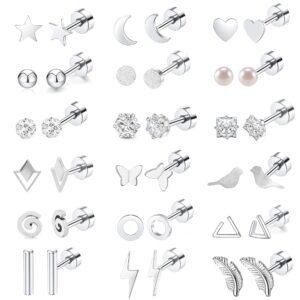 mjust 18 pairs stainless steel earring set for women men 20g cartilage star moon triangle circle bar heart screwback barbell geometric flatback earrings set jewelry (silver)