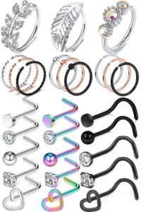 kridzisw 18g nose rings studs hoops piercing jewelry 316l stainless surgical steel l shaped screw spiral twist hypoallergenic heart cute nostril ring hoop for women men diamond 2mm 8mm