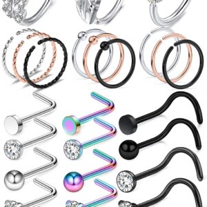 Kridzisw 18g Nose Rings Studs Hoops Piercing Jewelry 316L Stainless Surgical Steel L Shaped Screw Spiral Twist Hypoallergenic Heart Cute Nostril Ring Hoop for women Men Diamond 2mm 8mm