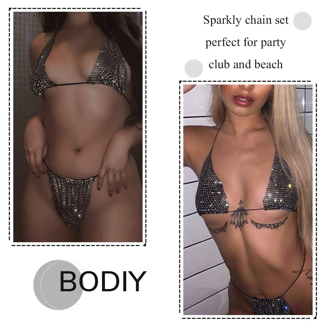 Bodiy Boho Rhinestones Body Chain Mesh Crop Top Beach Bkini Set Chain Crystal Body Jewelry Accessoires for Women and Girls (black)