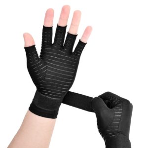 copper wrist compression arthritis gloves (1 pair), wrist support brace fingerless glove with adjustable strap for hand pain relief, carpal tunnel, rheumatoid, tendonitis, swelling, fits women & men