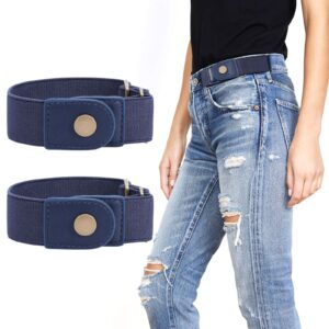 werforu 2 pack no buckle elastic belt for women men 2 loop stretch buckle-free belt for jeans pants (blue, fits 2 loop distance : 7"-14")