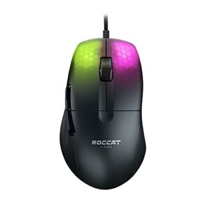 roccat kone pro pc gaming mouse, lightweight ergonomic design, titan switch optical, aimo rgb lighting, superlight wired computer mouse, titan scroll wheel, honeycomb shell, 19k dpi, black