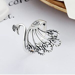 NewZenro Peacock Statement Wrap Open Rings for Women Dainty 925 Sterling Silver Adjustable Delicate Flower Animal Vintage Ring Jewelry Gifts Bff Birthday