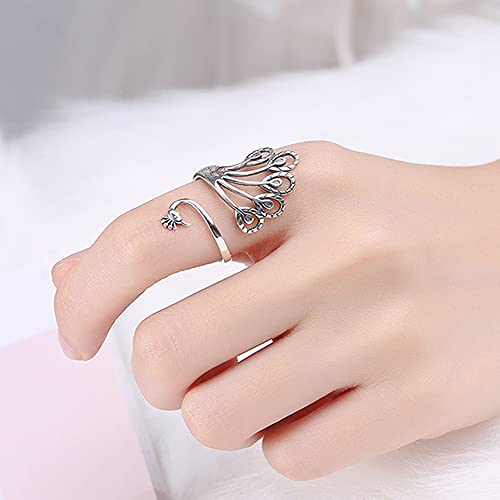 NewZenro Peacock Statement Wrap Open Rings for Women Dainty 925 Sterling Silver Adjustable Delicate Flower Animal Vintage Ring Jewelry Gifts Bff Birthday