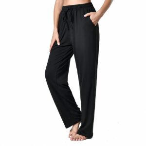 lnje better and better women's drawstring pants, wide leg yoga sweatpants comfy loose straight lounge pants with pockets-black, l