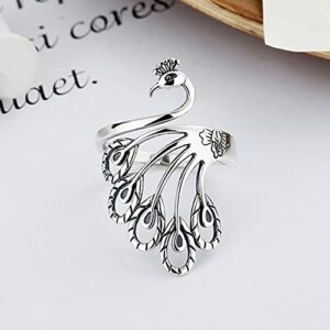 NewZenro Peacock Statement Wrap Open Rings for Women Dainty 925 Sterling Silver Adjustable Delicate Flower Animal Vintage Ring Jewelry Gifts Bff Birthday