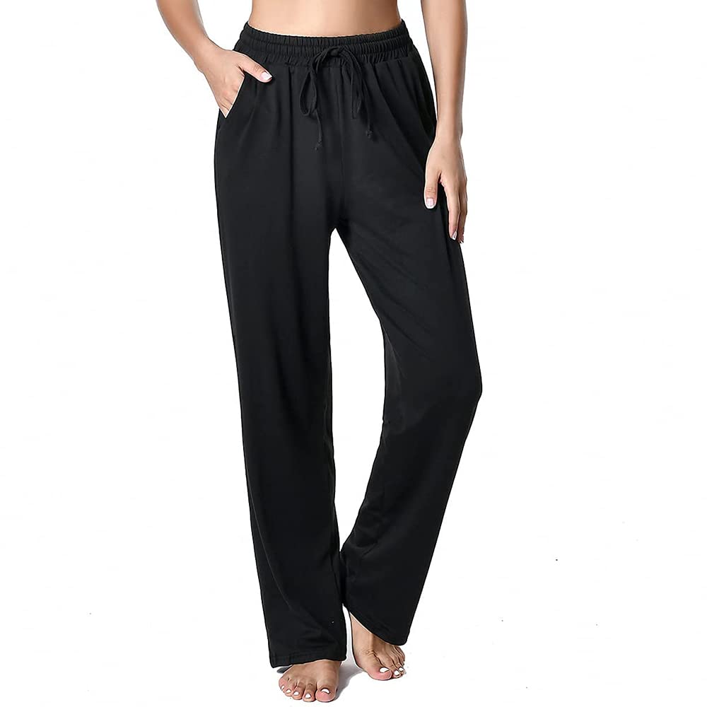 LNJE BETTER AND BETTER Women's Drawstring Pants, Wide Leg Yoga Sweatpants Comfy Loose Straight Lounge Pants with Pockets-Black, L