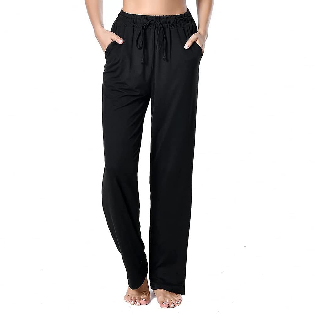 LNJE BETTER AND BETTER Women's Drawstring Pants, Wide Leg Yoga Sweatpants Comfy Loose Straight Lounge Pants with Pockets-Black, L