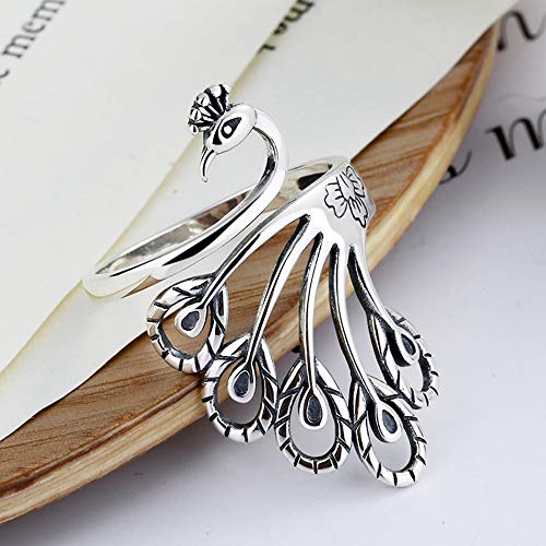 NewZenro Peacock Statement Wrap Open Rings for Women Dainty 925 Sterling Silver Adjustable Delicate Flower Animal Vintage Ring Jewelry Gifts Bff Birthday