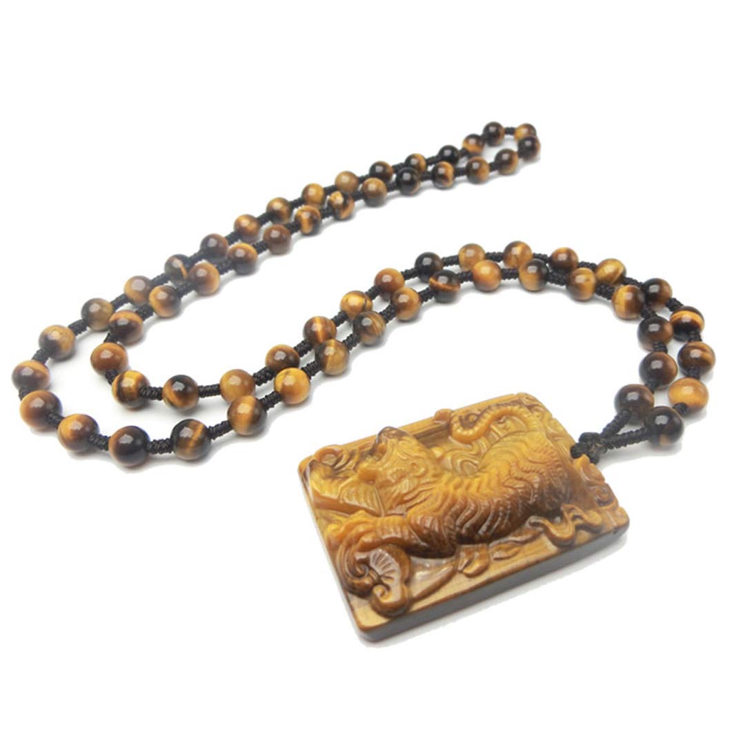 MQRHN Tiger's Eye Pendant Hand Carved Energy Healing Tiger Necklace With Bead Chain Lucky Amulet Crystal Jewelry For Women Men