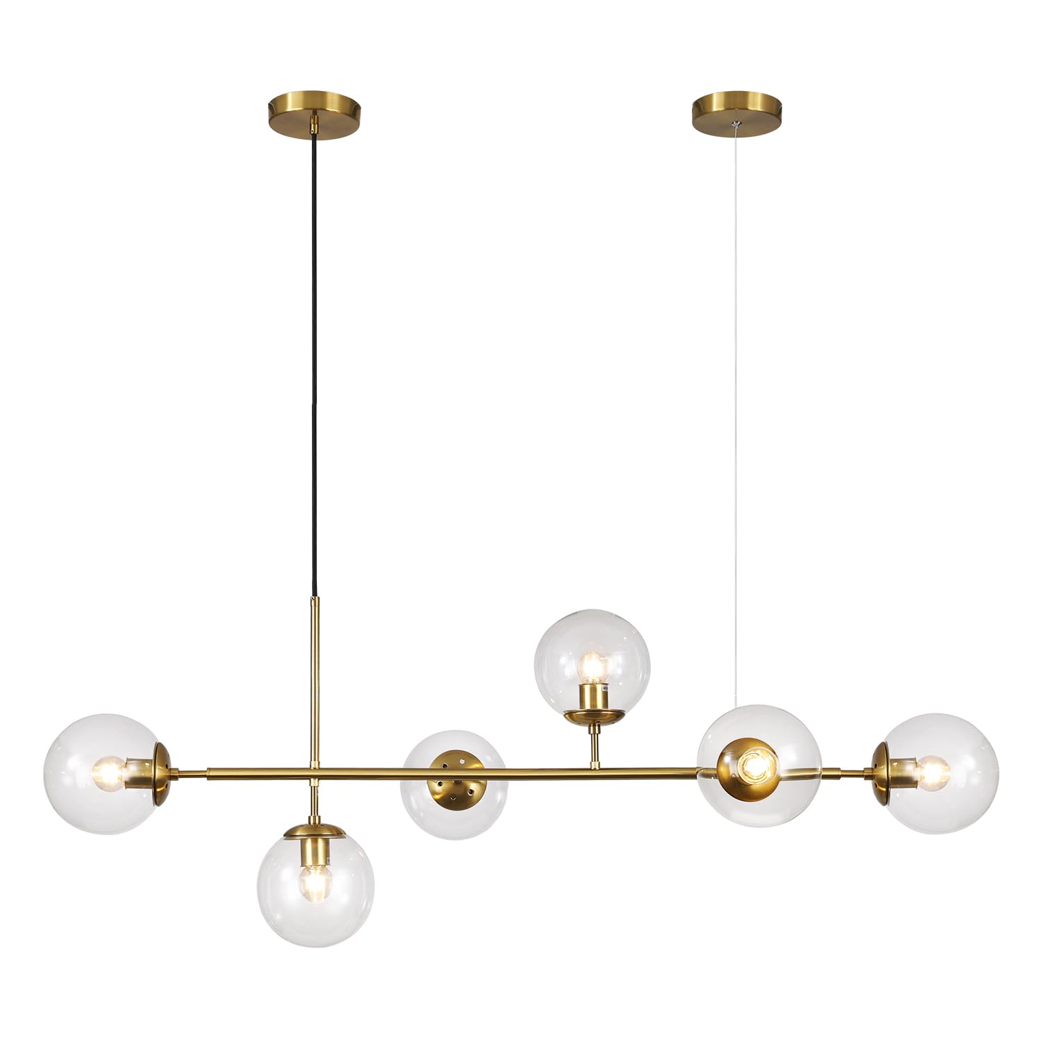 KCO Lighting 6 Light Bubble Chandelier Lighting Clear Glass Globe Chandelier Brass Gold Linear Chandelier Mid Century Modern Pendant Light for Living Room Kitchen Island Dining Room