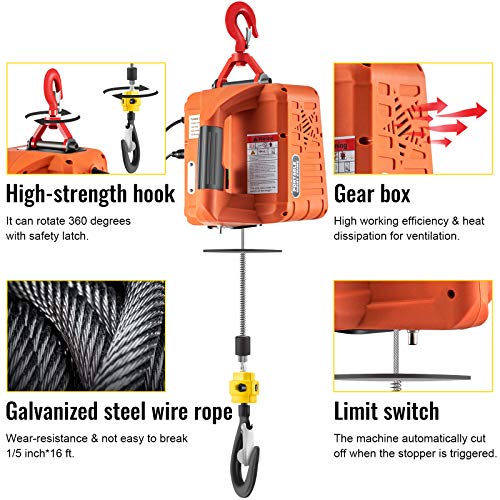 VEVOR 3in1 Electric Hoist Winch, 1500W Portable Electric Winch, 110V Power Winch Crane, 25ft Lifting Height, Overload Protection for Lifting