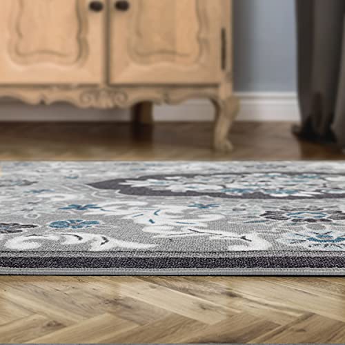 Antep Rugs Alfombras Non-Skid (Non-Slip) 5x7 Rubber Backing Modern Floral Low Profile Pile Indoor Area Rugs (Gray, 5' x 7')