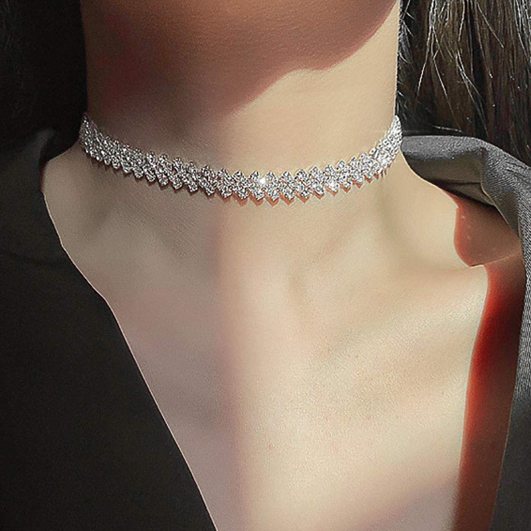 JEAIRTS Rhinestone Choker Necklace Silver Diamond Row Necklaces Sparkly Crystal Necklace Chain Jewerly Fashion Minimalist Party Prom Accessories for Women and Girls (Style 1)