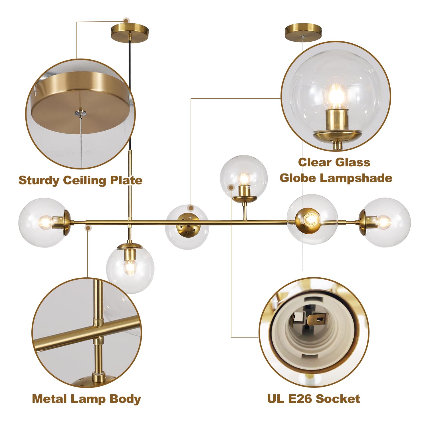 KCO Lighting 6 Light Bubble Chandelier Lighting Clear Glass Globe Chandelier Brass Gold Linear Chandelier Mid Century Modern Pendant Light for Living Room Kitchen Island Dining Room