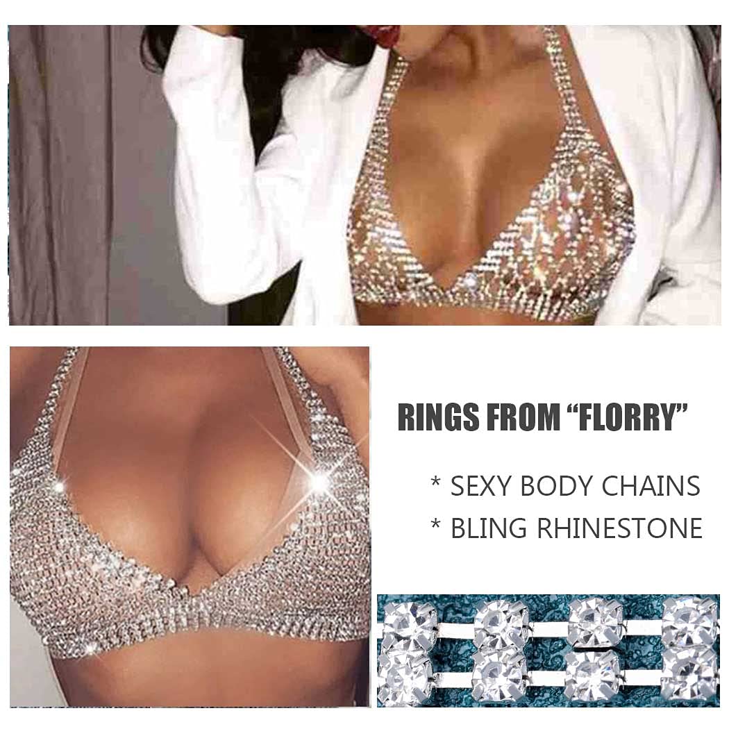 Florry Sexy Rhinestone Bra Body Chains Bikini Set Sparkly Crystal Mesh Underwear Body Jewelry Fashion Nightclub Rave Beach Bralette Harness Body Jewelry for Women(Silver)