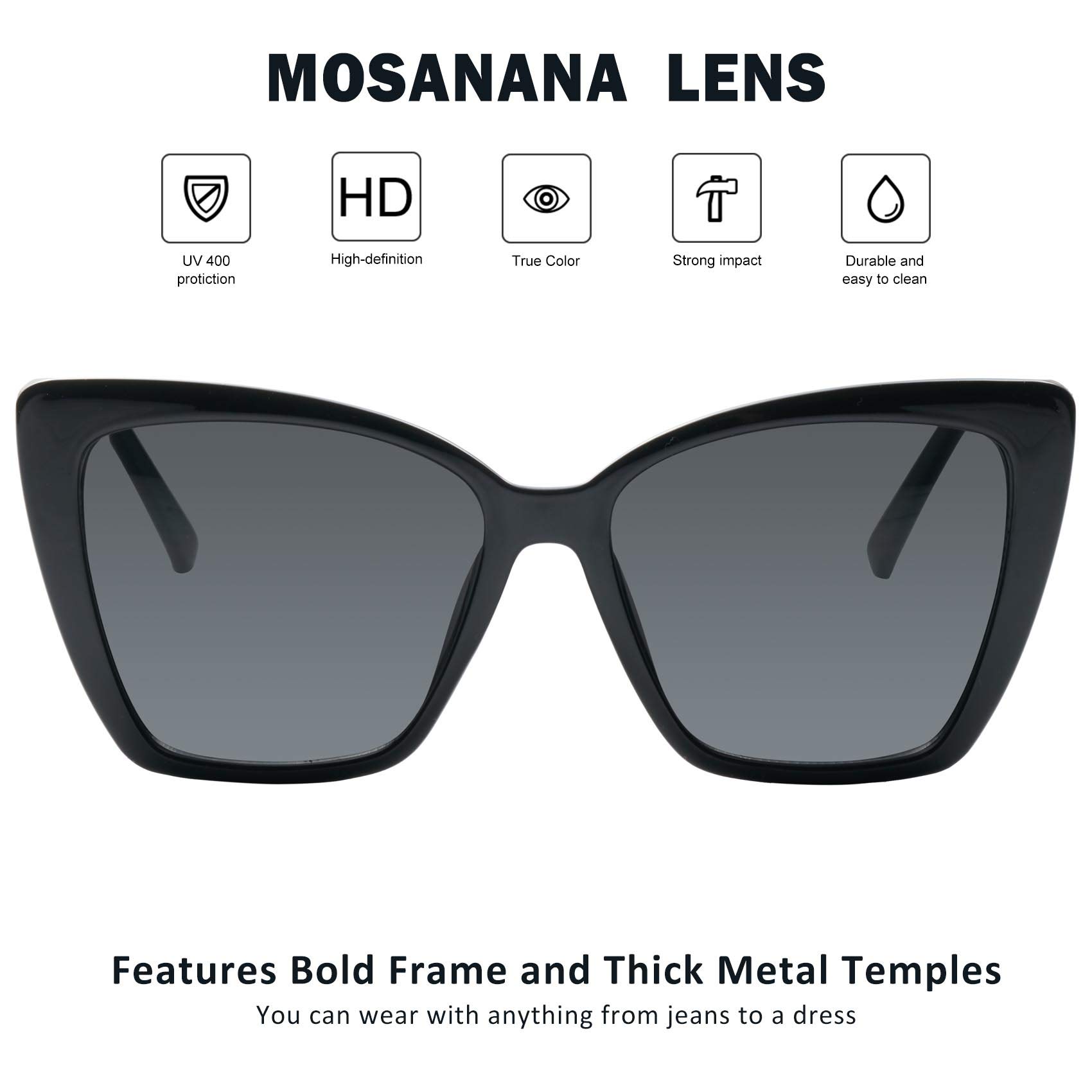 mosanana Oversized Cat Eye Sunglasses for Women Trendy Big Large Style Fashion Retro Square Black Glasses MS52028