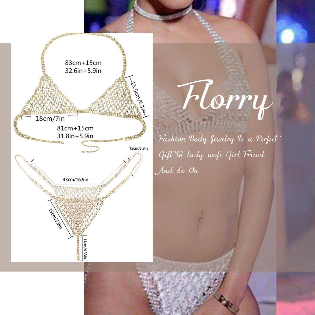 Florry Sexy Rhinestone Bra Body Chains Bikini Set Sparkly Crystal Mesh Underwear Body Jewelry Fashion Nightclub Rave Beach Bralette Harness Body Jewelry for Women(Silver)