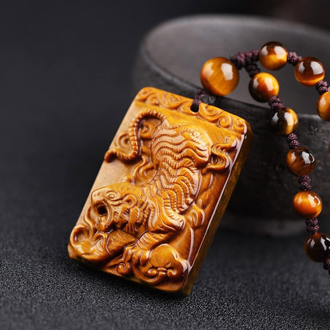 MQRHN Tiger's Eye Pendant Hand Carved Energy Healing Tiger Necklace With Bead Chain Lucky Amulet Crystal Jewelry For Women Men