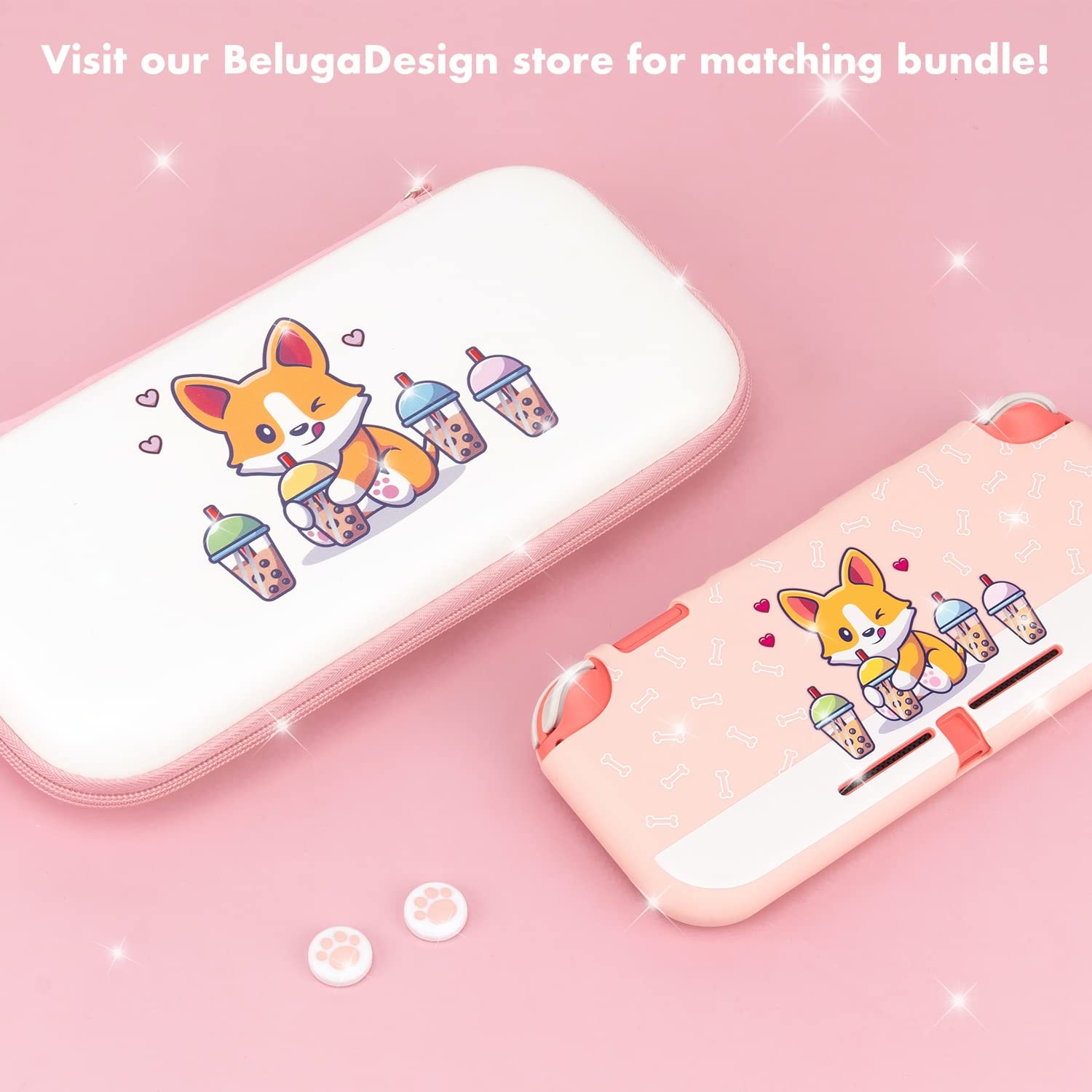 BelugaDesign Corgi Boba Case | Cute Kawaii Dog Bubble Tea Pastel Pet Cover | Snap Shell Compatible with Nintendo Switch (Switch Lite, Pink)