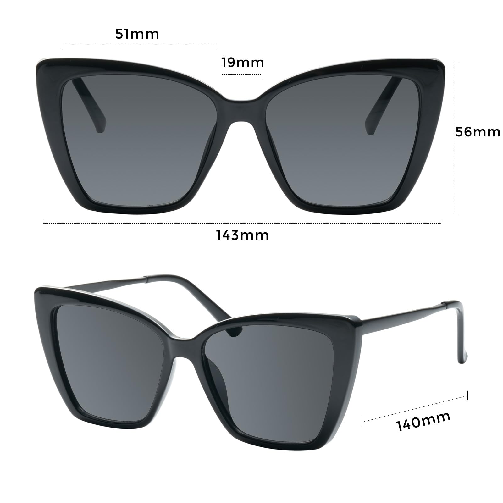 mosanana Oversized Cat Eye Sunglasses for Women Trendy Big Large Style Fashion Retro Square Black Glasses MS52028