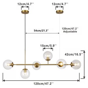 KCO Lighting 6 Light Bubble Chandelier Lighting Clear Glass Globe Chandelier Brass Gold Linear Chandelier Mid Century Modern Pendant Light for Living Room Kitchen Island Dining Room