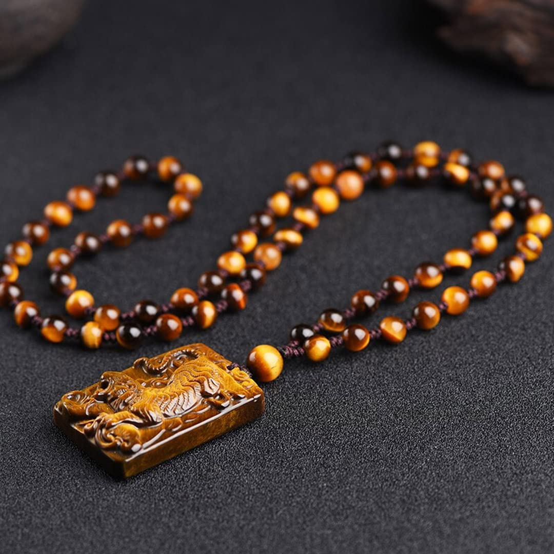 MQRHN Tiger's Eye Pendant Hand Carved Energy Healing Tiger Necklace With Bead Chain Lucky Amulet Crystal Jewelry For Women Men