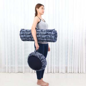 Leewadee Meditation Cushion Set – 1 Round Zafu Meditation Pillow and 1 Square Roll-Up Zabuton Meditation Mat, Pillows Bundle Filled with Eco-Friendly Kapok, Blue White