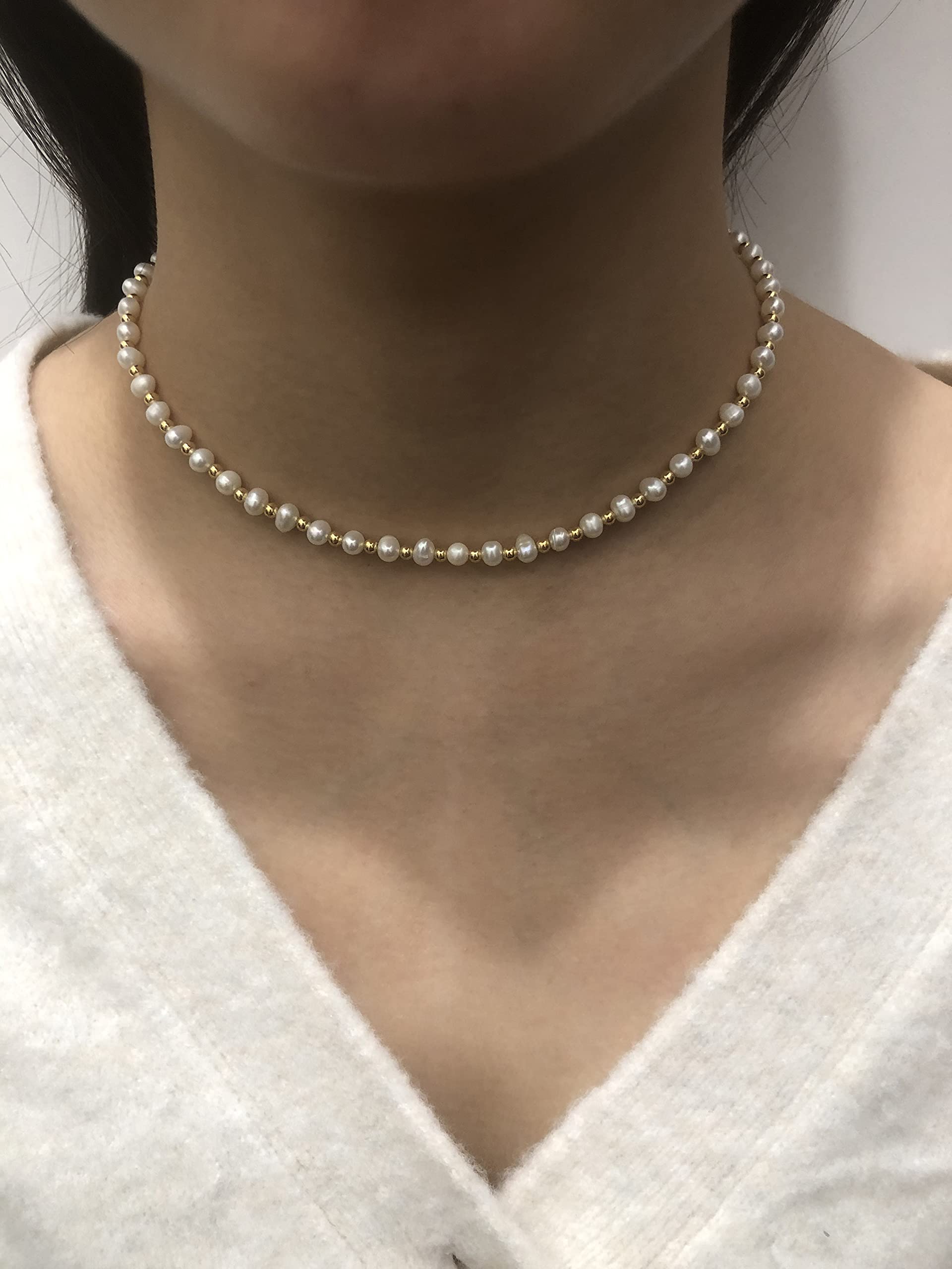 Fashion Jewelry Small Gold Pearl Necklace Choker 3mm Handpicked Pearl 18K Gold Plated Bead Ball Chain Dainty Jewelry Gifts for Women Girls