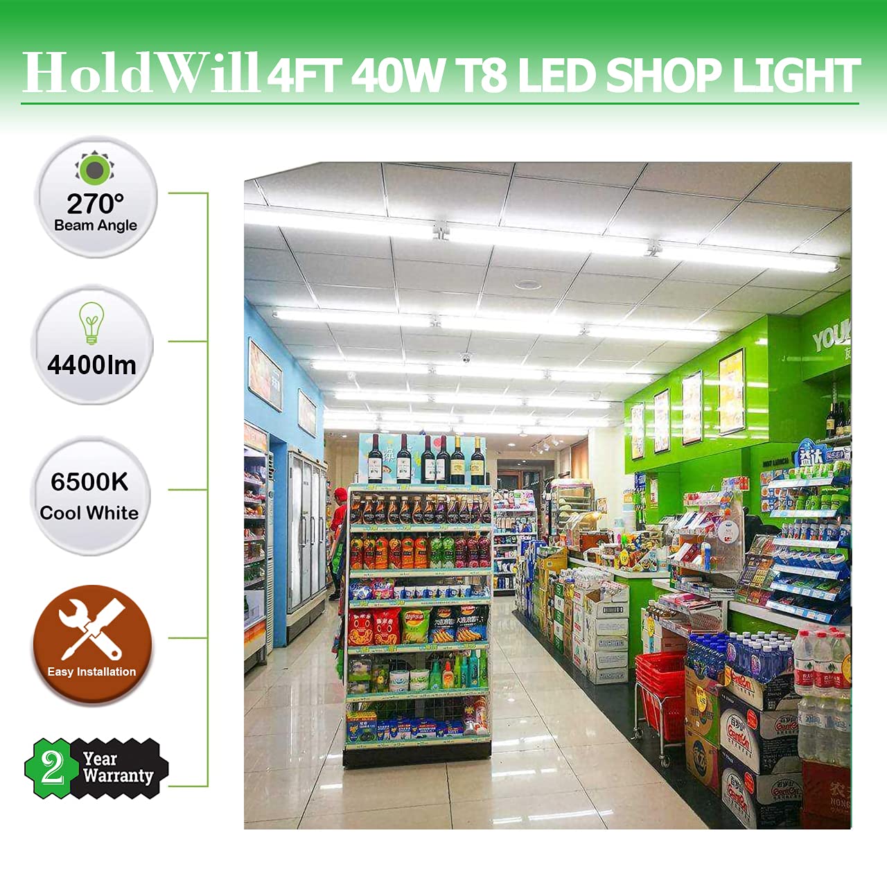 HOLDWILL 6 Pack T8 Led 4FT 40W Integrated V Shaped Tube Light,Linkable White Daylight 6000k Integrated Fixture Garage Lights, Indoor Led Shop Lights for Workshop with On/Off Switch Cable Clear Cover