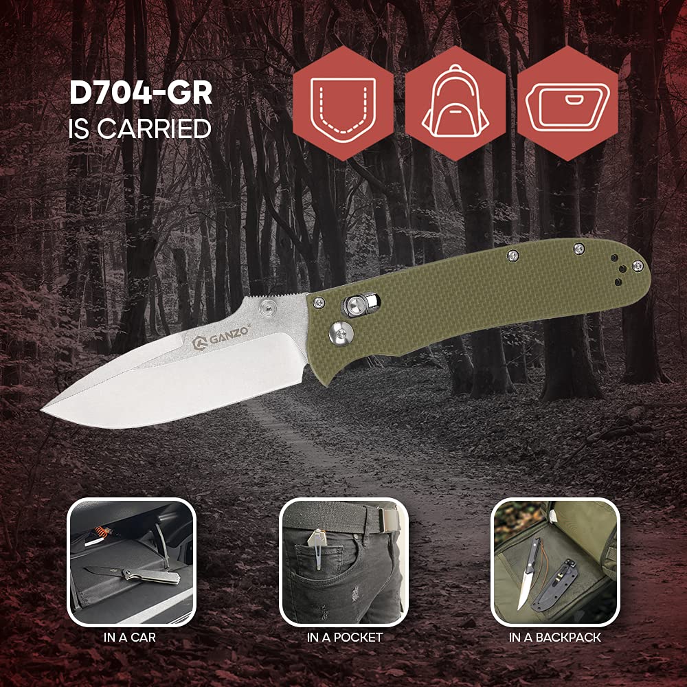 Ganzo D704-GR Pocket Folding Knife D2 Steel Flip Blade G10 Anti-Slip Handle with Clip Hunting Gear Fishing Camping Folder Outdoor EDC Pocket Knife (Green)