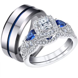 sheloves wedding rings set for couple womens cz sterling silver mens blue tungsten bands him and her 12+10