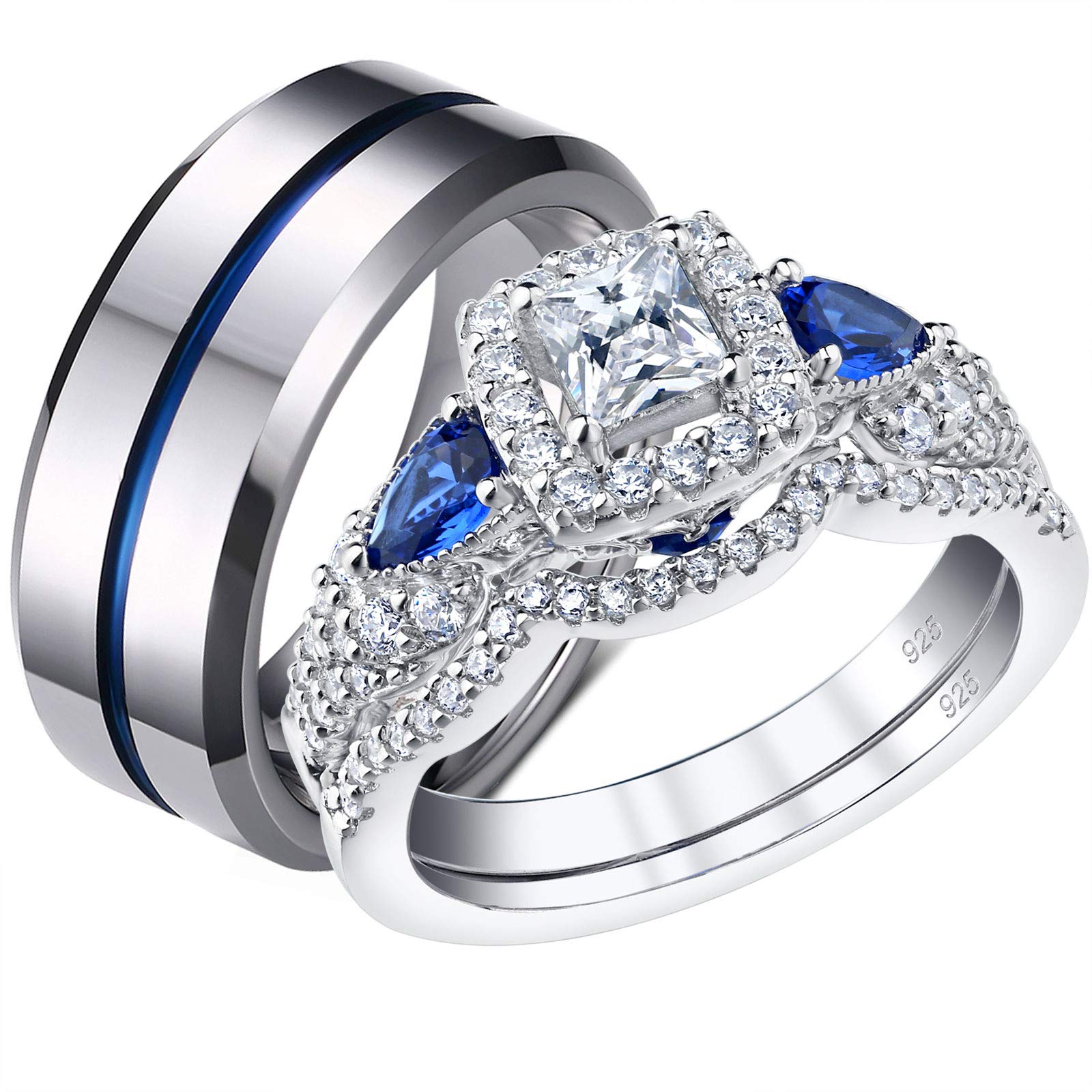 SHELOVES Wedding Rings Set for Couple Womens Cz Sterling Silver Mens Blue Tungsten Bands Him and Her 12+10