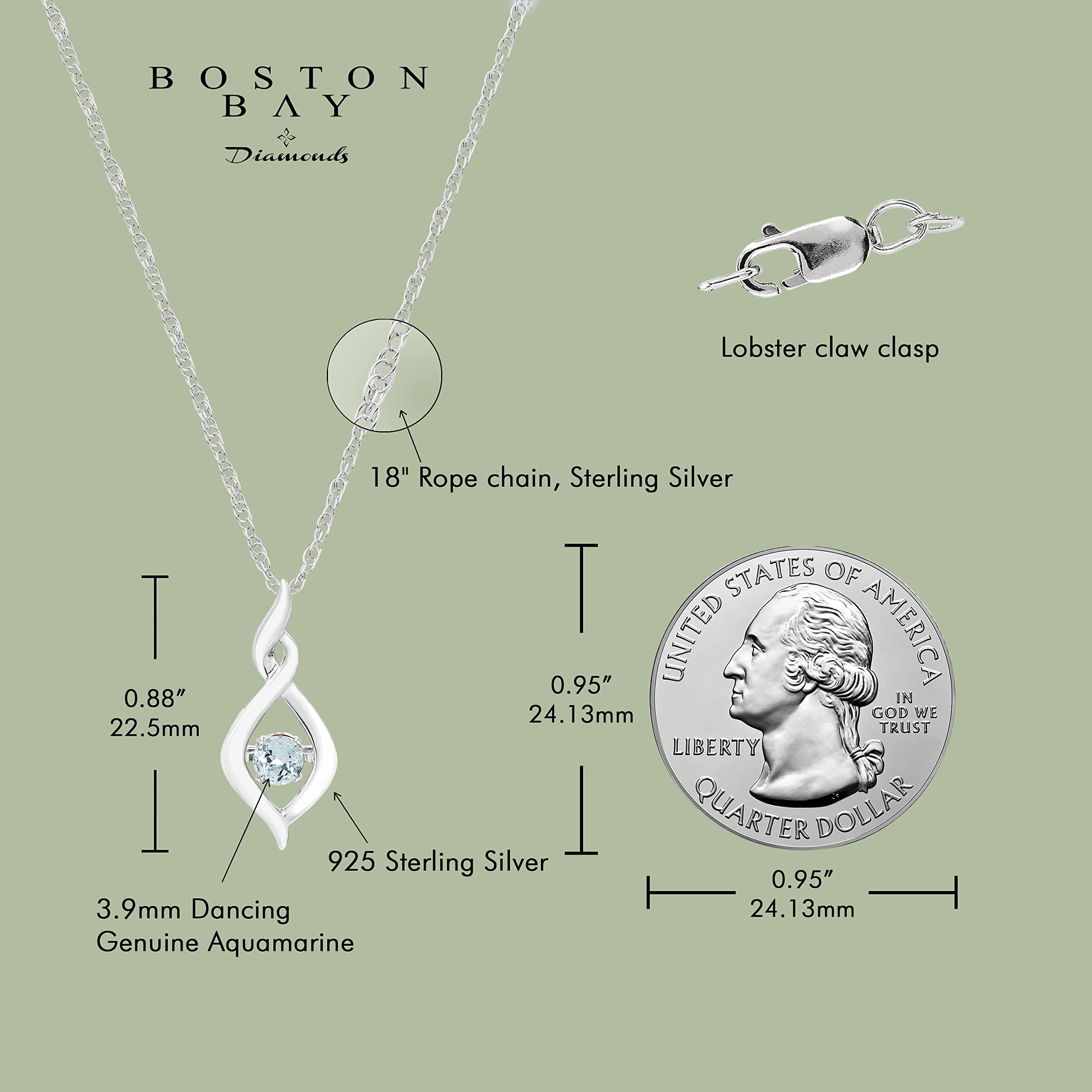 Boston Bay Diamonds .925 Sterling Silver & Blue Aquamarine Infinity Twist Dancing Brilliance in Motion Pendant Necklace with Rope Chain - 18”