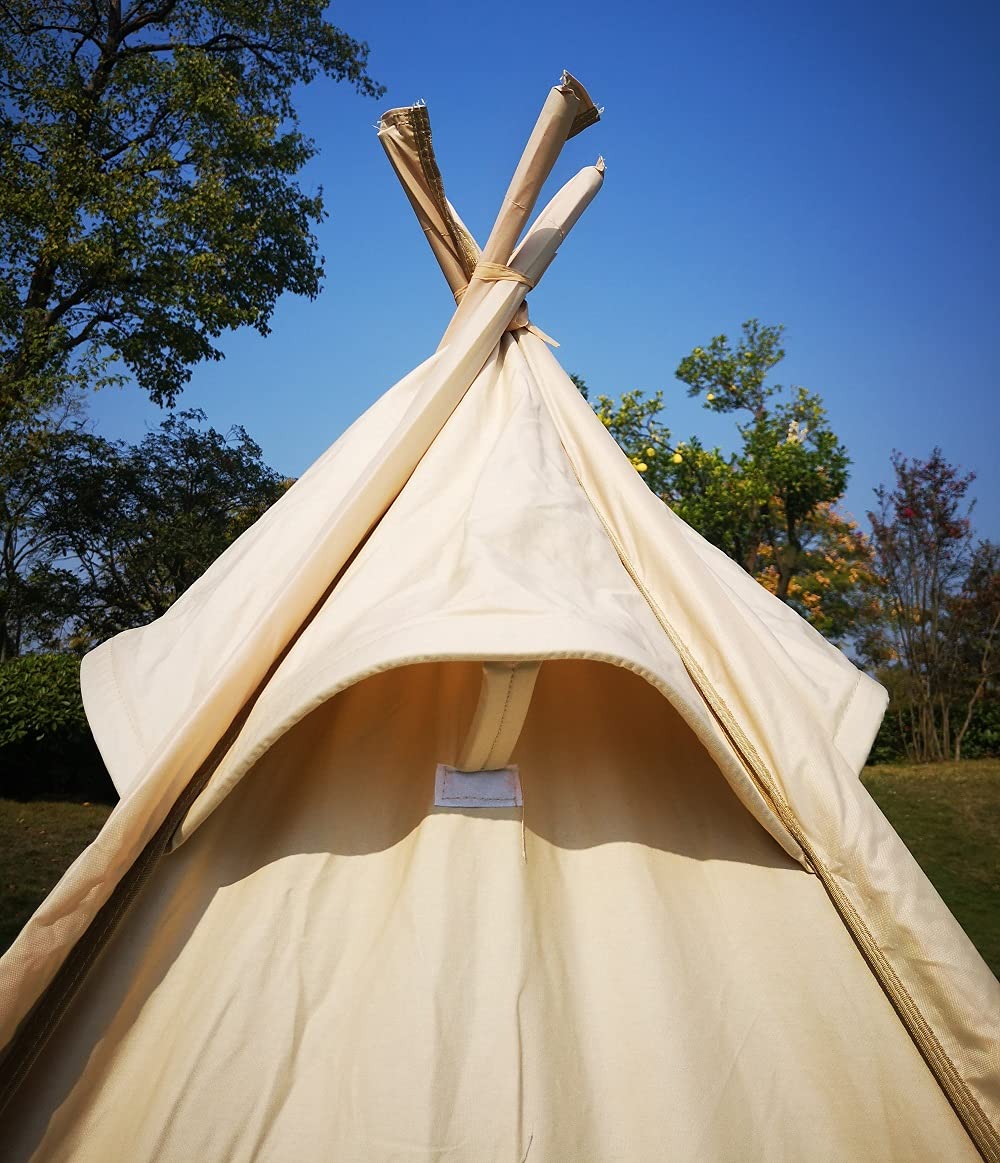 7’x7’x6.5’Outdoor Cotton Canvas 2-3 Person 3 Seasons Bell Teepee Tent with Double Door Spire Tent Pyramid Tents for Family Camping