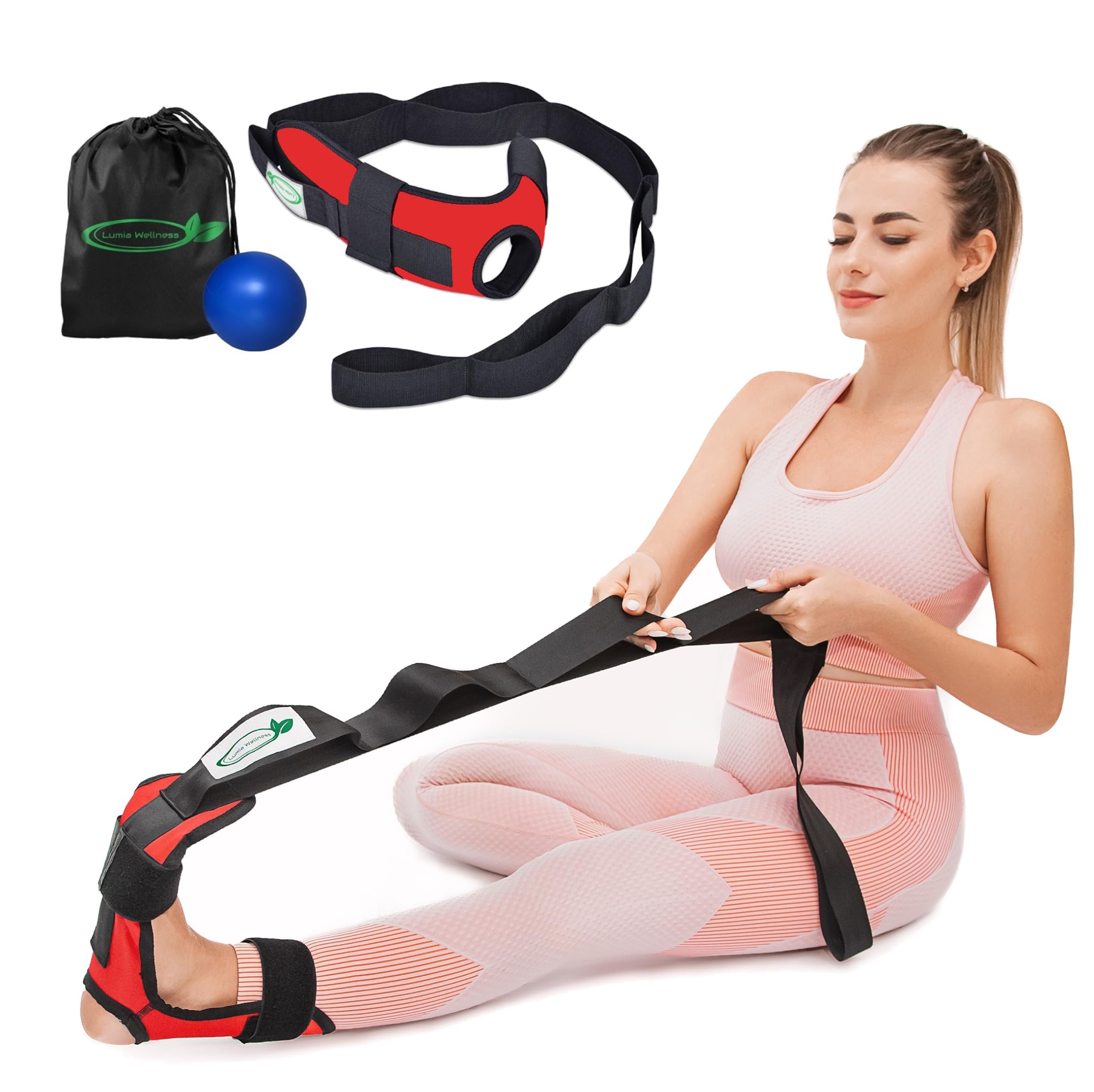 Fascia Stretcher & Foot Stretcher for Plantar Fasciitis with Massage Ball, Achilles Tendinitis, Foot Drop, Yoga Foot & Leg Stretching Strap (Red)