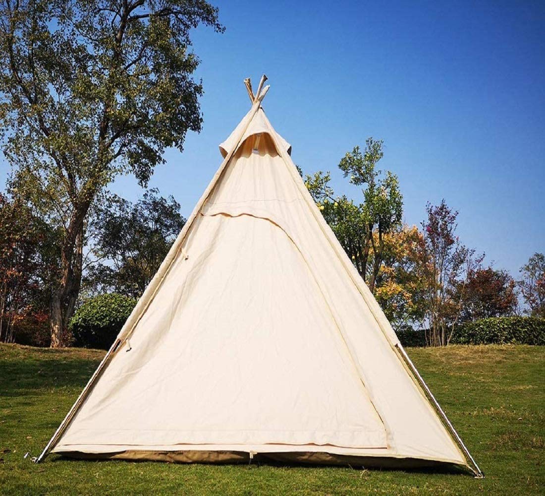 7’x7’x6.5’Outdoor Cotton Canvas 2-3 Person 3 Seasons Bell Teepee Tent with Double Door Spire Tent Pyramid Tents for Family Camping