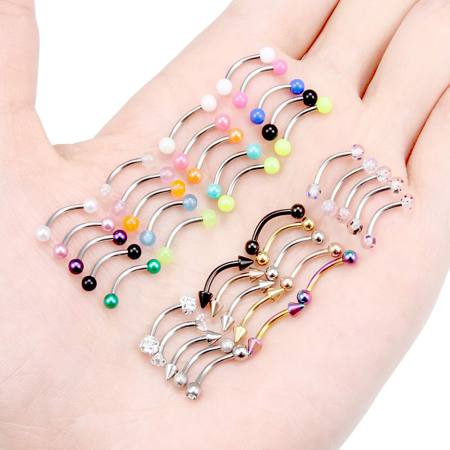 Dyknasz 40Pcs 16G Surgical Steel Daith Rook Earring 8mm 5/16" Curved Barbell Eyebrow Rings Belly Button Ring Piercing Jewelry for Women Men