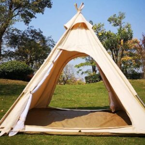 7’x7’x6.5’Outdoor Cotton Canvas 2-3 Person 3 Seasons Bell Teepee Tent with Double Door Spire Tent Pyramid Tents for Family Camping