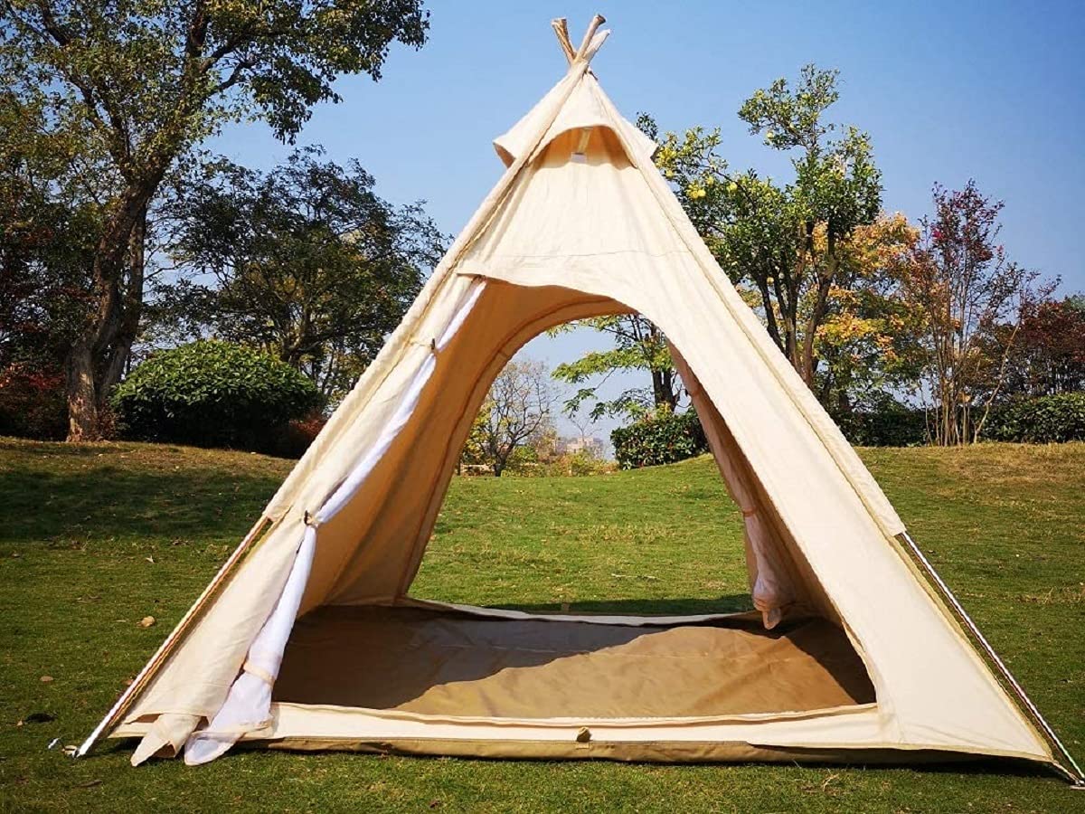 7’x7’x6.5’Outdoor Cotton Canvas 2-3 Person 3 Seasons Bell Teepee Tent with Double Door Spire Tent Pyramid Tents for Family Camping