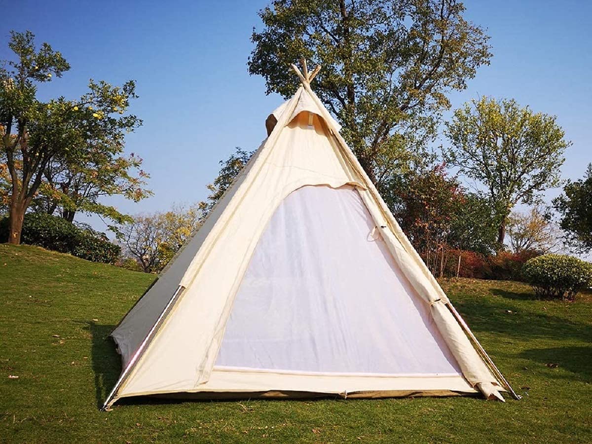 7’x7’x6.5’Outdoor Cotton Canvas 2-3 Person 3 Seasons Bell Teepee Tent with Double Door Spire Tent Pyramid Tents for Family Camping