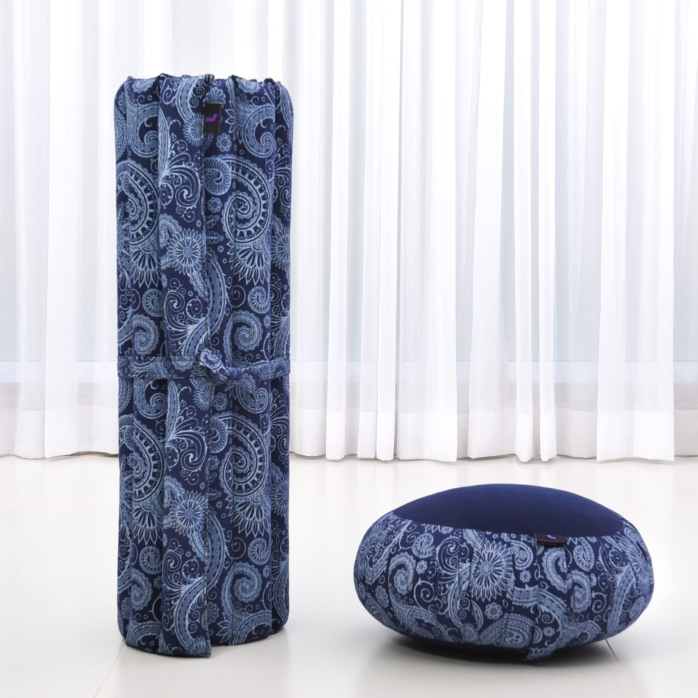 Leewadee Meditation Cushion Set – 1 Round Zafu Meditation Pillow and 1 Square Roll-Up Zabuton Meditation Mat, Pillows Bundle Filled with Eco-Friendly Kapok, Blue White