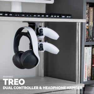 BRAINWAVZ The Treo - Under Desk/Shelf Dual Gamepad Controller & Headphone Hanger Holder Stand - Designed for Xbox ONE, PS4, PS3, PS5, Dualshock, DualSense, Switch, PC, Steelseries, Steam & More